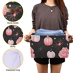 Storage Basket Halloween Pink Pumpkin with Rose Canvas Collapsible Box Organizer Bin with Handles