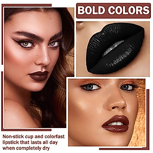 QIUFSSE 3 in 1 Black Lip Liner Pencil and Lipstick lipgloss Set Matte Black Lipstick Lip Gloss Kit Long-lasting Nonstick Cup Smudge Proof Lip Kits with Lip Liner,Velvet Goth Makeup (12#Black Magic)