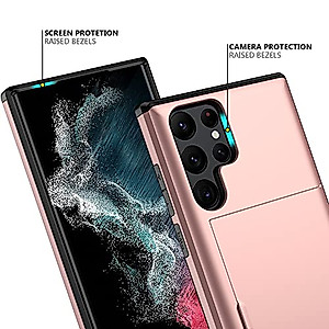 Nvollnoe for Samsung S22 Ultra Case with Card Holder 5G 6.8 inch Slim Dual Layer Heavy Duty Protective Galaxy S22 Ultra Case Hidden Card Slot Wallet Case for Samsung S22 Ultra(Rose Gold)