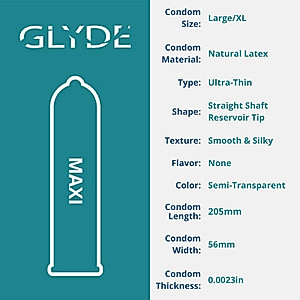 GLYDE Maxi - Large Fit Condoms - 36 Count - Ultra-Thin, Vegan, Non-Toxic, XL Size, Natural Rubber Latex, 56mm for Generous Fit