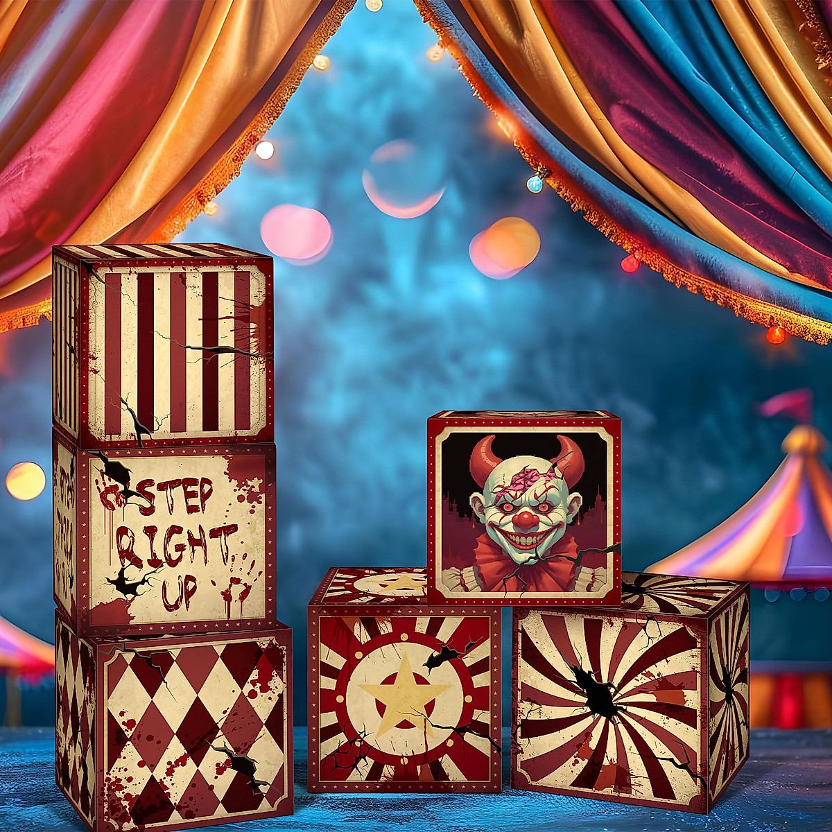 Sawowkuya 6 Pcs Halloween Creepy Carnival Decorations,Circus Clown Party Decoration Boxes for Carnival Circus Theme Horror Haunted House Party