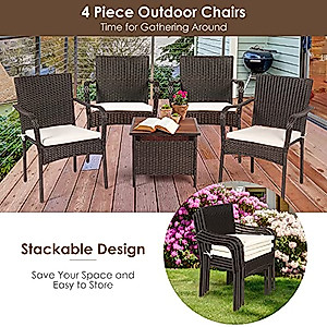 RELAX4LIFE Patio Dining Chairs 4-Piece Stackable Wicker Chairs, Outdoor PE Rattan Chairs with Comfortable Cushions and Anti-Rust Steel Frame, Conversation Chairs for Porch, Yard, Garden and Poolside