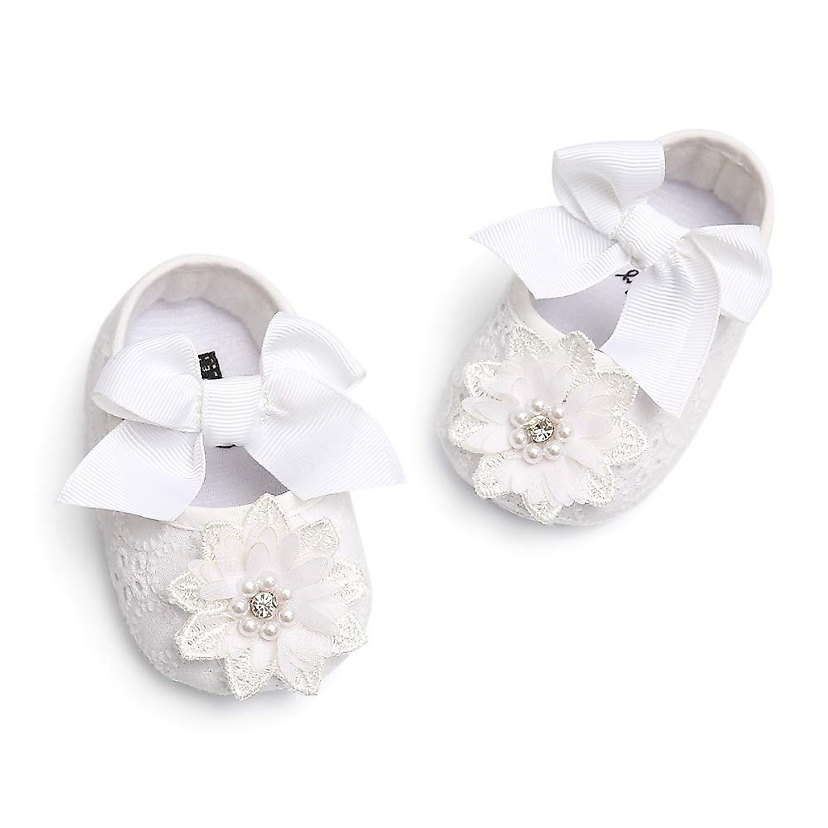 Baby Girl White Shoes Mary Jane Flats Soft Sole Bowknot Floral Princess Christening Baptism Wedding Dress Shoes for Newborns, Infants, Babies 0-6 Months