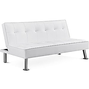 Topeakmart Convertible Sofa Bed Tufted Faux Leather Couch Bed with Chrome Metal Legs Adjustable Backrest Easily Converts to Recliner and Bed Comfortable Sofa for Living Room/Bed Room/Apartment,White
