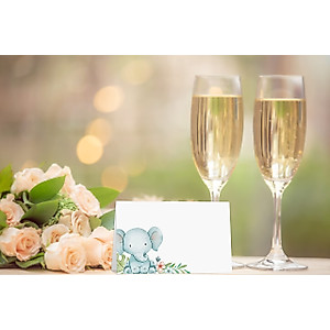 Place Cards for Blue Elephant Party, Editable Name Place Cards, Seating Place Cards for Tables, Tent Style Cards for Baby Shower, Birthday Party, Easy Folding, Pack of 25 Escort Cards(B04)