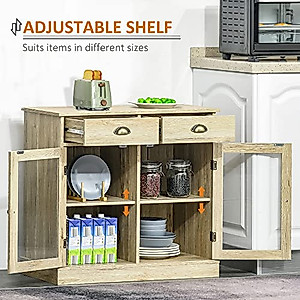 HOMCOM Farmhouse Sideboard Buffet Cabinet, Kitchen Cabinet with 2 Glass Doors, Coffee Bar Cabinet with Adjustable Shelves and 2 Drawers for Living Room, Oak