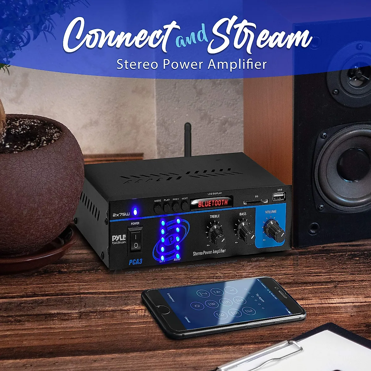 Pyle Home Home Audio Power Amplifier System - 2X75W Mini Dual Channel Sound Stereo Receiver Box w/ LED - For Amplified Speakers, CD Player, Theater via 3.5mm RCA - For Studio, Home Use - Pyle PCA3