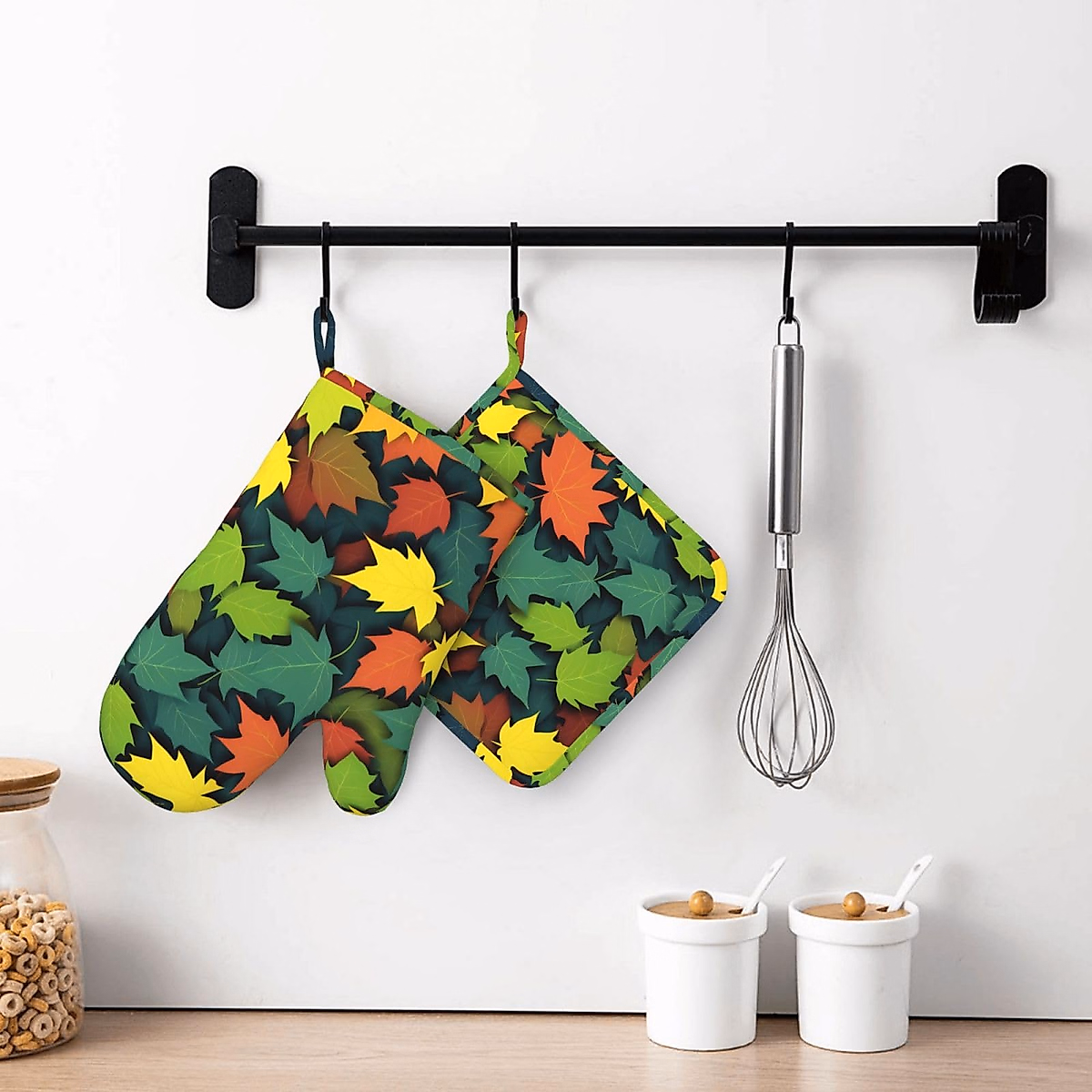 Colorful Leaf Silicone Oven Mitts Pot Holder Sets 2pcs Cute Design Washable Non Slip Kitchen Heat Resistant Mat Women's Cooking Gloves for Baking and BBQ Wear
