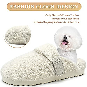 ONCAI Womens Fluffy Slippers,Cute Sherpa Faux Fur Scuff Garden Slip on House Slippers with Polar Fleece Lining Memory Foam Footbed and Indoor/Outdoor Rubber Hard Soles White US Size 8