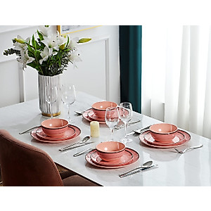 12Pcs Melamine Dinnerware Set, Plates And Bowls Sets for 4, Pink Color Dinnerware Sets, Melamine Plates Bowls Indoor and Outdoor Use Dish Set Dishwasher Safe BPA Free(Pink)