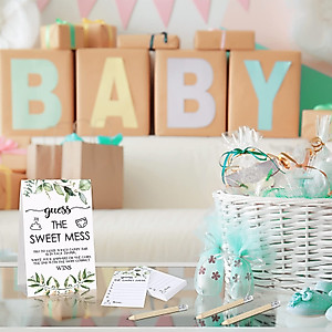 67 Pcs Guess The Sweet Mess Baby Shower Game Dirty Diaper Game Including Guess The Sweet Mess Sign 50 Small Cards 10 Pencils and 6 Number Stickers for Baby Shower Gender Reveal Party (Leaves)
