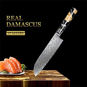 Chef's Meat Cutting Knife 7 Inch Japanese Damascus Steel Sande Knife Kitchen Cutting Meat Vegetables and Fruits Tools Resin Wooden Handle By BIEMBI