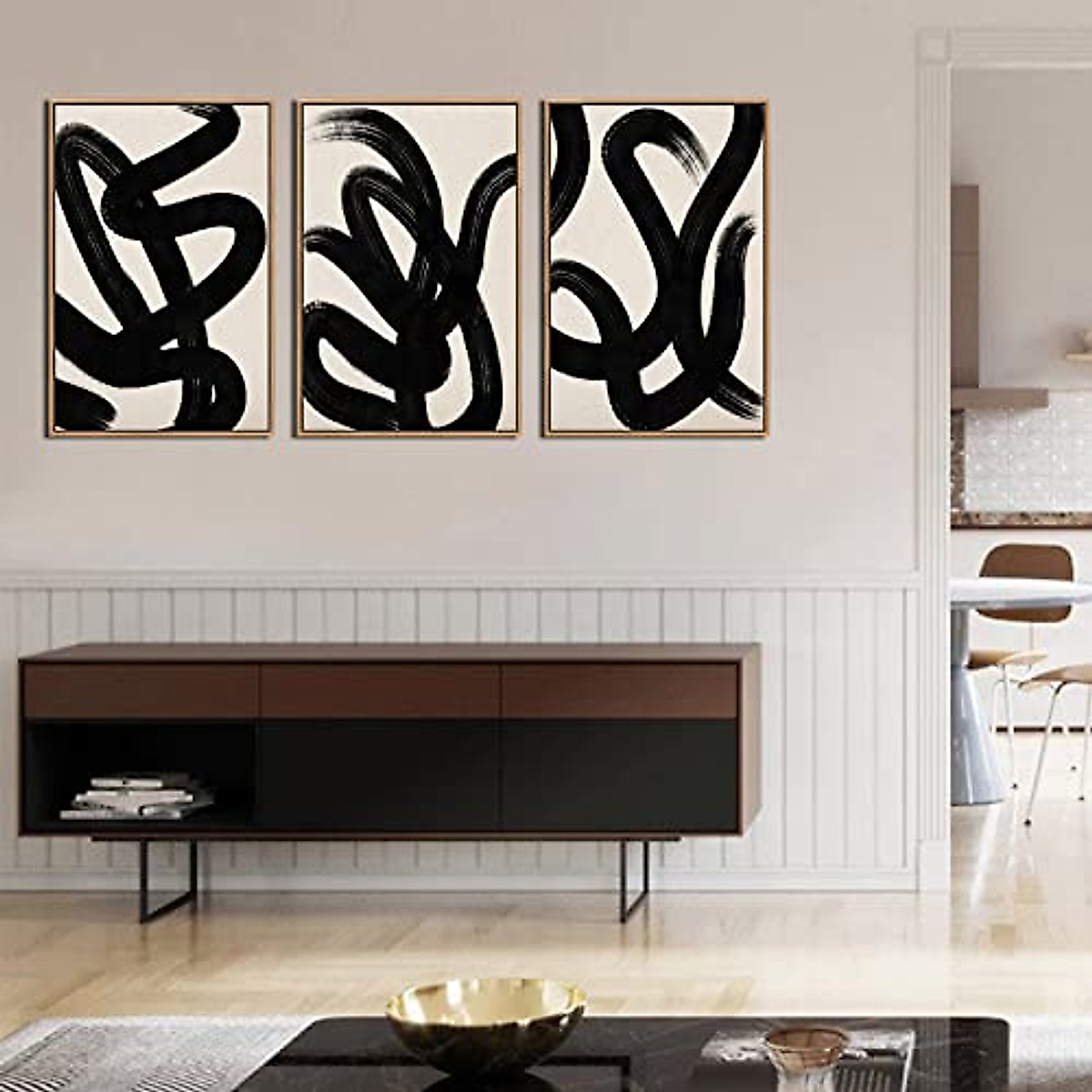 Framed Wall Art Canvas Set Abstract Lines Pictures Modern Mid Century Boho Wall Decor Minimalist Abstract Black Stroke Lines Canvas Painting Artwork Living Room Bedroom Home Office 16"x24"x3 Natural