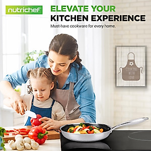 NutriChef 10" Stainless Steel Frying Pan - Triply Kitchenware Stir Fry Pan Kitchen Cookware w/DAKIN Etching Non-Stick Coating, Scratch-resistant Raised-up Honeycomb Fire Textured Pattern NC3PL10