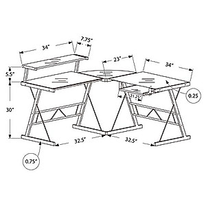 Monarch Specialties Computer Desk L-Shaped Corner Workstation Tempered Glass Top with Shelf Keyboard Trey-Metal Legs, 57" L, Black Frame