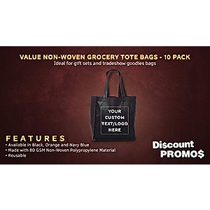 DISCOUNT PROMOS Custom Reusable Cloth Grocery Shopping Tote Bags - 10 Pack - Personalized Logo, Text - Foldable, Washable, Shopper Bag - Black