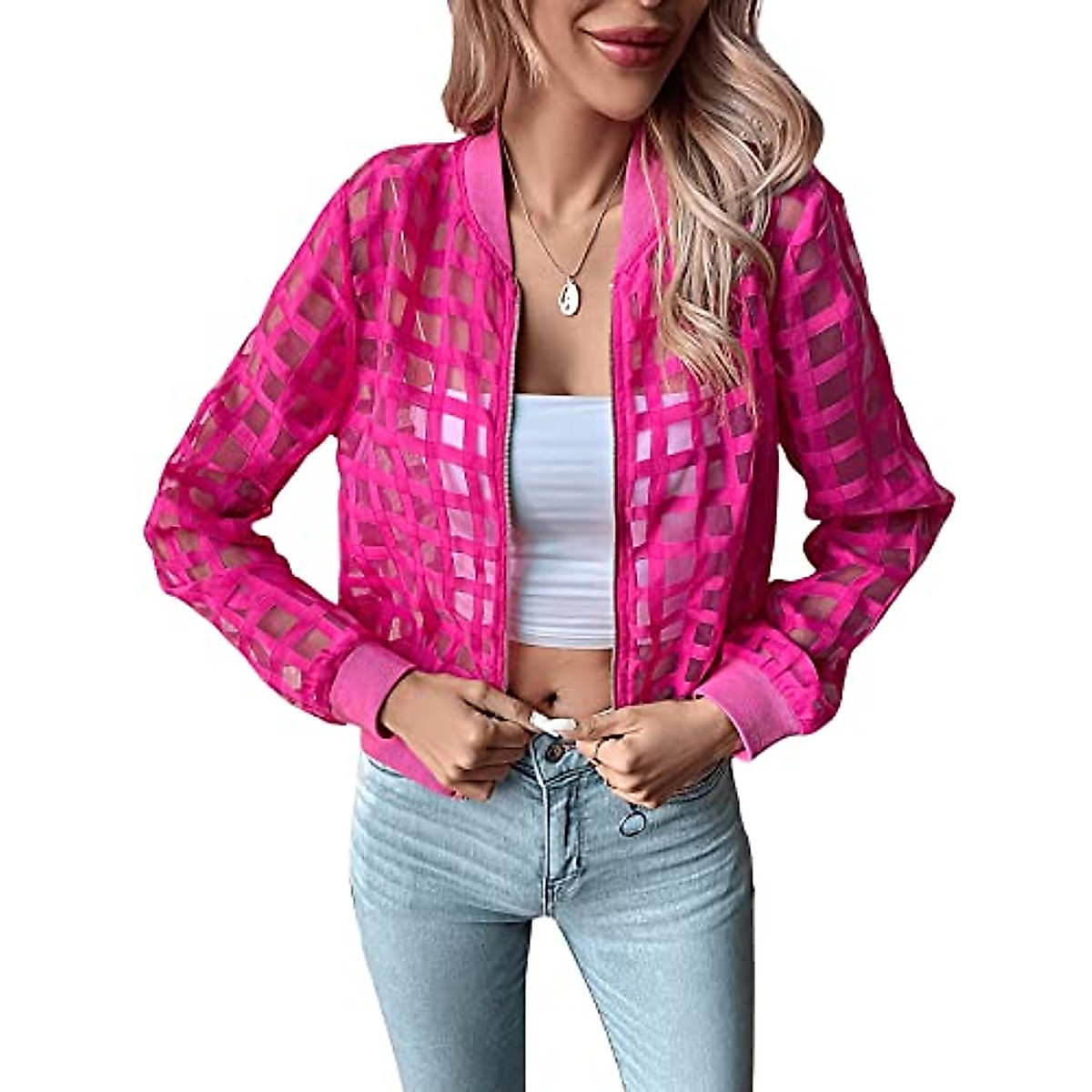 Floerns Women's Hollow Out Long Sleeve Baseball Collar Zip Up Bomber Jacket Hot Pink S