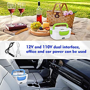 Electric Lunch Box for Car and Home 110V & 12V 40W - Removable Stainless Steel Portable Food Grade Material Warmer Heater - with 2 in 1 Fork & Spoon (Green)