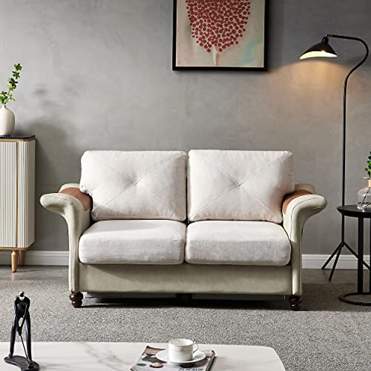 HomSof Loveseat Sofa for Small Spaces, Modern Couch with Storage and Curved Arm, Beige