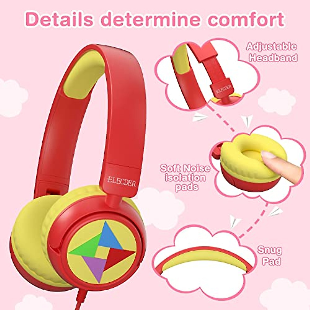 ELECDER i43 Kids Headphones with Microphone 85dB 94dB Volume Limited 3.5mm Jack Foldable Adjustable Wired On Ear Headphones for Children Girls Boys Teens Cellphones PC Kindle School Tablet Red/Yellow