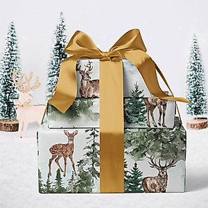WRAPAHOLIC Kraft Christmas Wrapping Paper - Mini Roll - 17 Inch x 33 Feet - Watercolor Elk and Winter Forest Landscape Design for Christmas, Holiday, Party Celebration