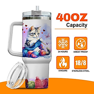 99WHALE Cat Gifts, Tumbler 40 Oz With Handle Lid And Straw, Steel Quartz Handle Women Cup Parade Coffee Tumblers Hot Adults Funny Light Cups Lover Simple Rose, Cats And Sewing