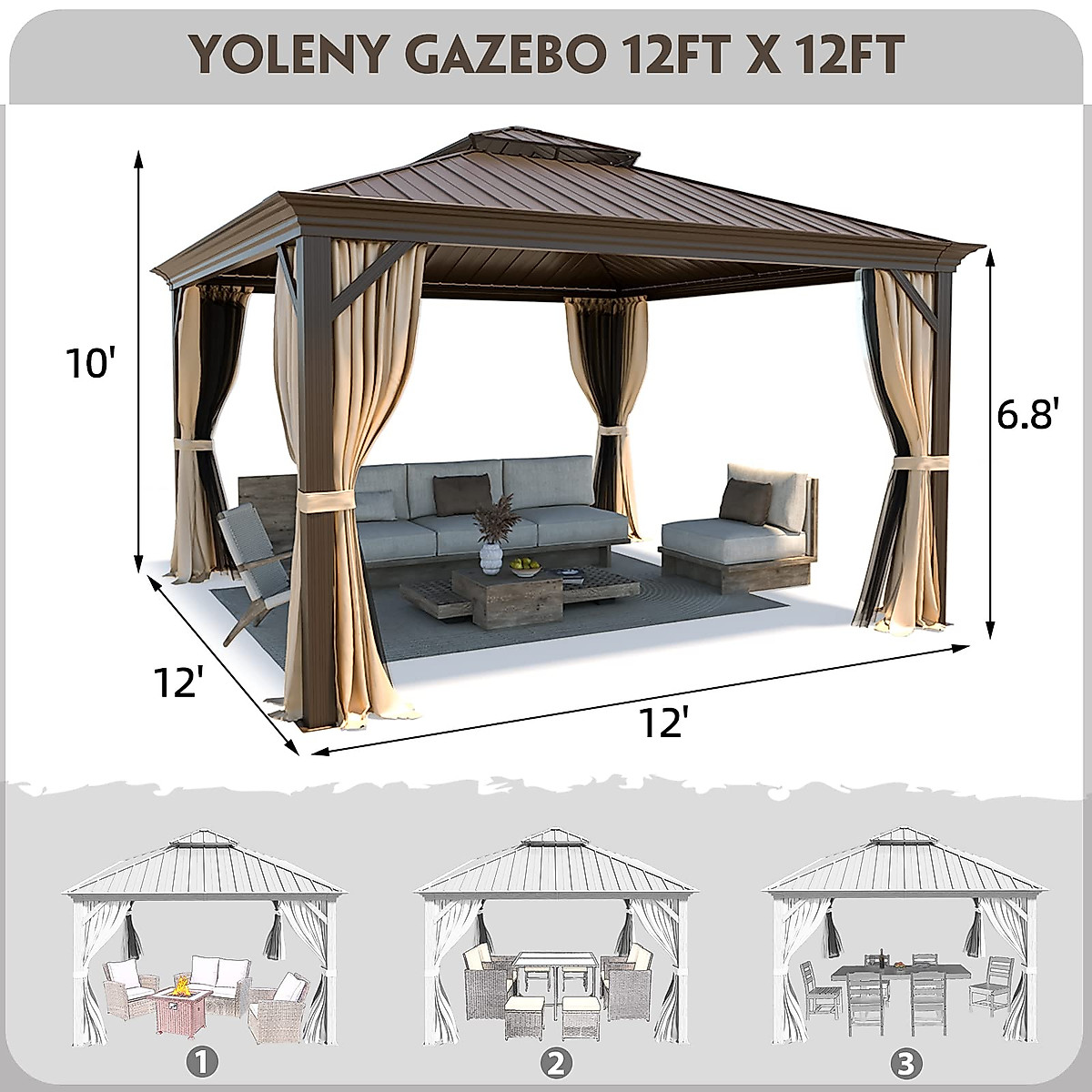YOLENY 12' X 12' Hardtop Gazebo Galvanized Steel Outdoor Patio Gazebo Canopy Double Roof Pergolas Aluminum Frame with Netting and Curtains for Garden, Patio, Lawns, Parties