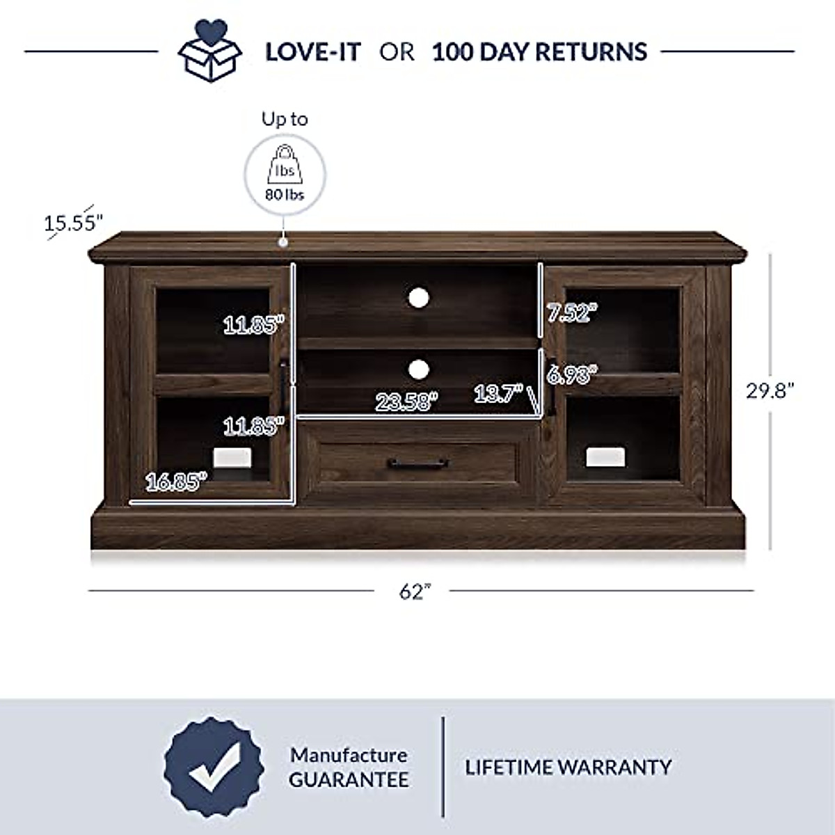 BELLEZE 62" Rustic Modern Sideboard Buffet Storage with Window Pane Glass Cabinet Doors and Adjustable Shelves - Trussati (Dark Walnut)