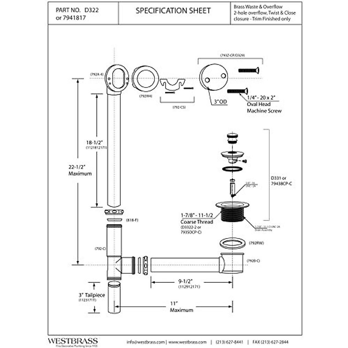 Westbrass 22-1/2" Brass Twist & Close Bath Waste & Overflow with 2-Hole Faceplate, Matte Black, D322-62