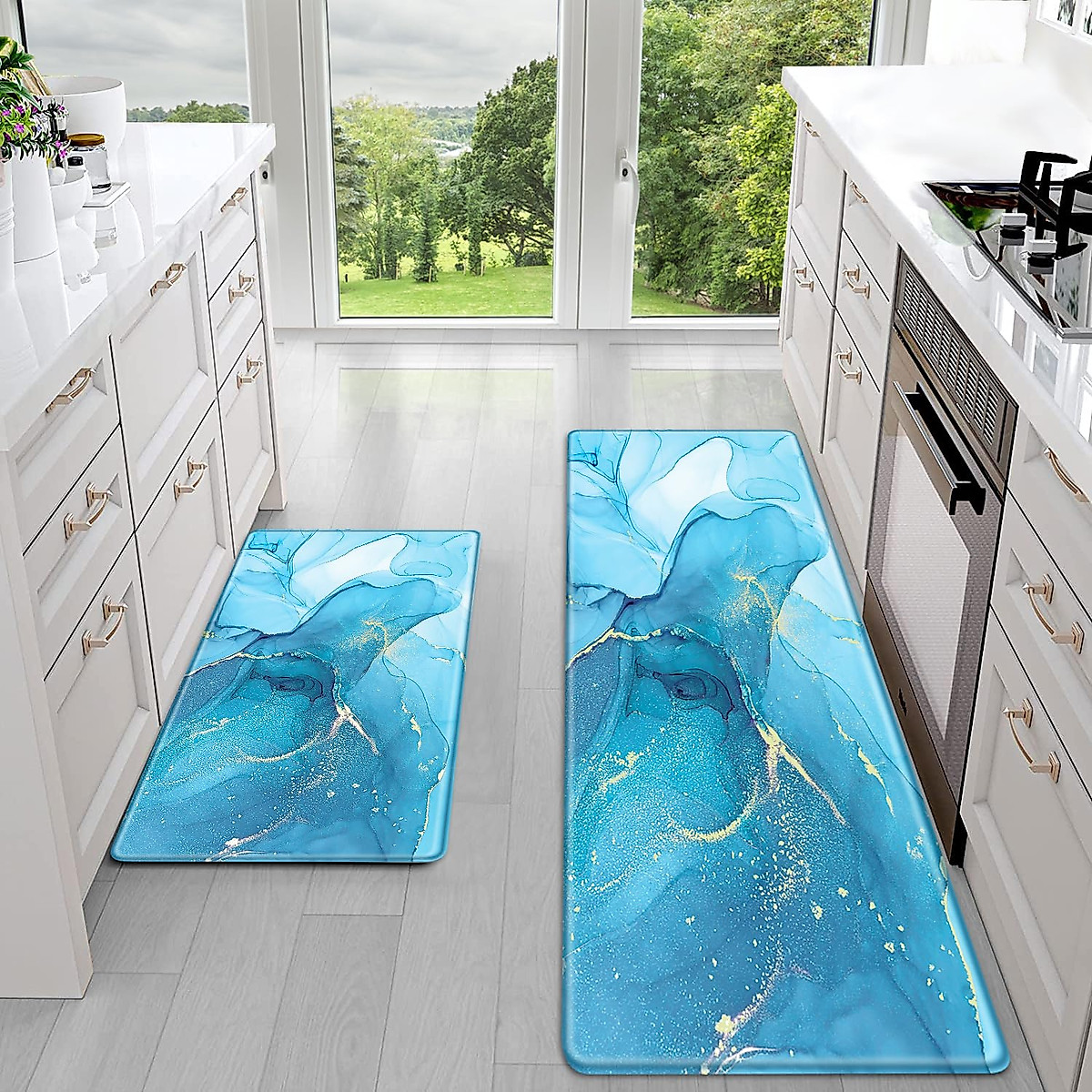 Sofort Kitchen Mat, Cushioned Anti Fatigue Kitchen Rug, Set of 2 Non Slip Waterproof Blue Marble Kitchen Mats for Floor, Comfort Standing Mats for Kitchen, Office, Sink, Laundry