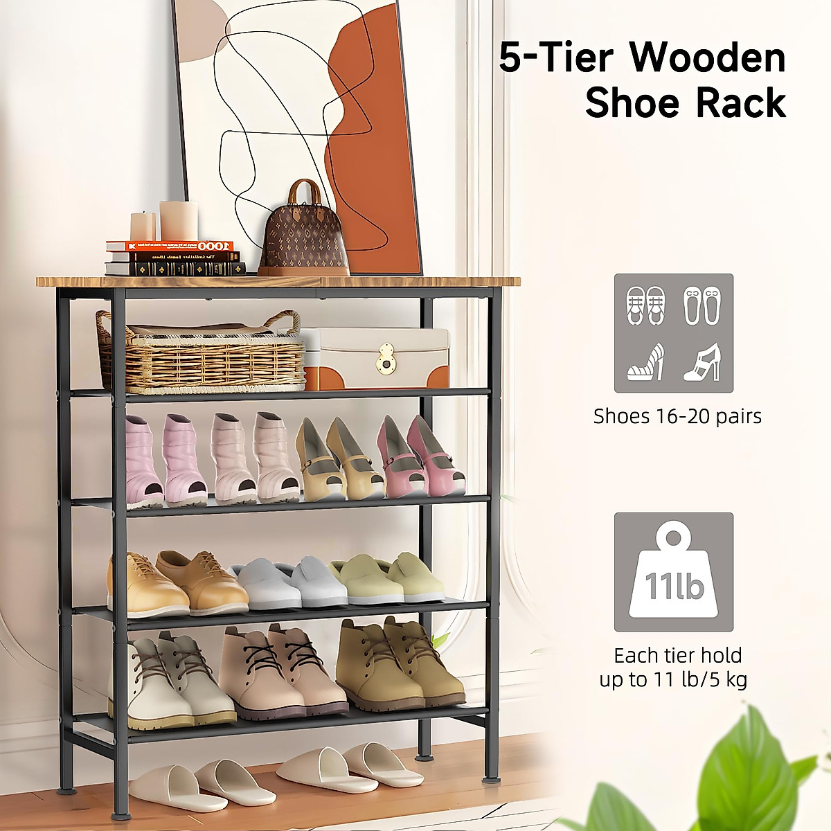 isightguard Shoe Rack Organizer, 5 Tier Shoe Storage Rack, Shoe Shelf Holds 16-20 Pairs of Shoes, Shoe Tower for Closet Entryway, Free Standing Shoe Racks with Sturdy Wooden Top Panel and Steel Frame