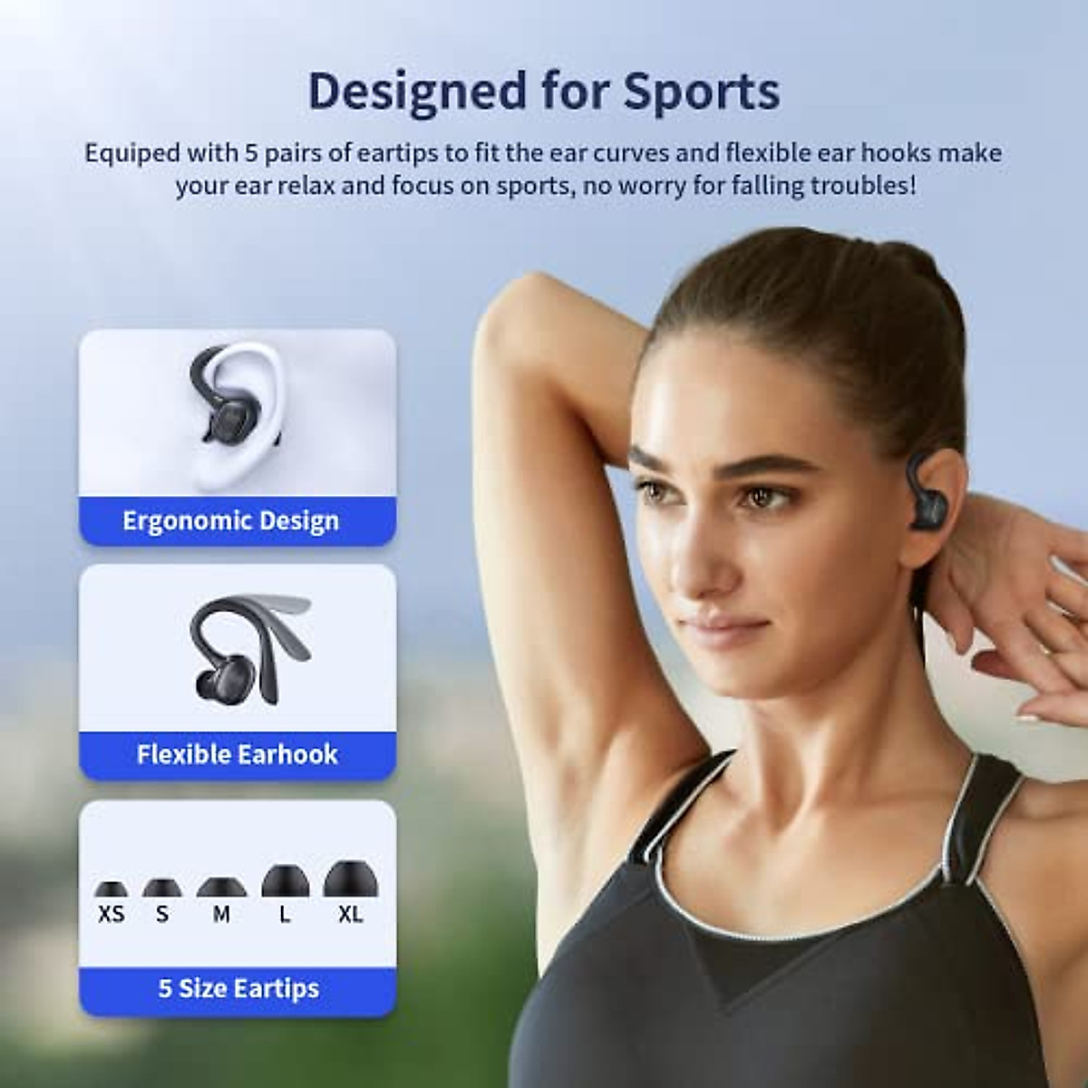 PSIER Wireless Earbuds Bluetooth Headphones 50H Playtime Ear Buds 5.3 Dual Power Display Sports with Earhooks IPX7 Waterproof Mic Over-Ear Earphones for Running, Gym