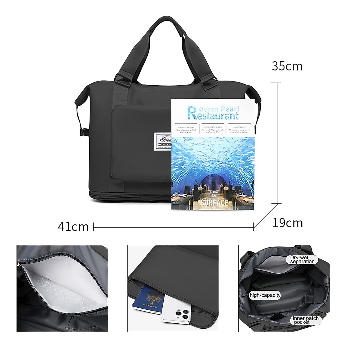 New upgrade travel duffel bag,waterproof gym tote bag,weekender overnight bags,dry and wet separate sports portable shoulder bag with Large capacity, expandable and foldable (Black)