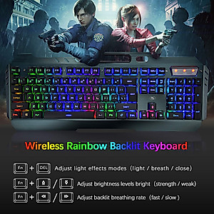 Wireless Gaming Keyboard and Mouse, Rechargeable, Rainbow Backlit with 3800mAh Battery Metal Panel,Mechanical Feel Keyboard and 7 Color Mute Mouse for Windows Computer Gamers