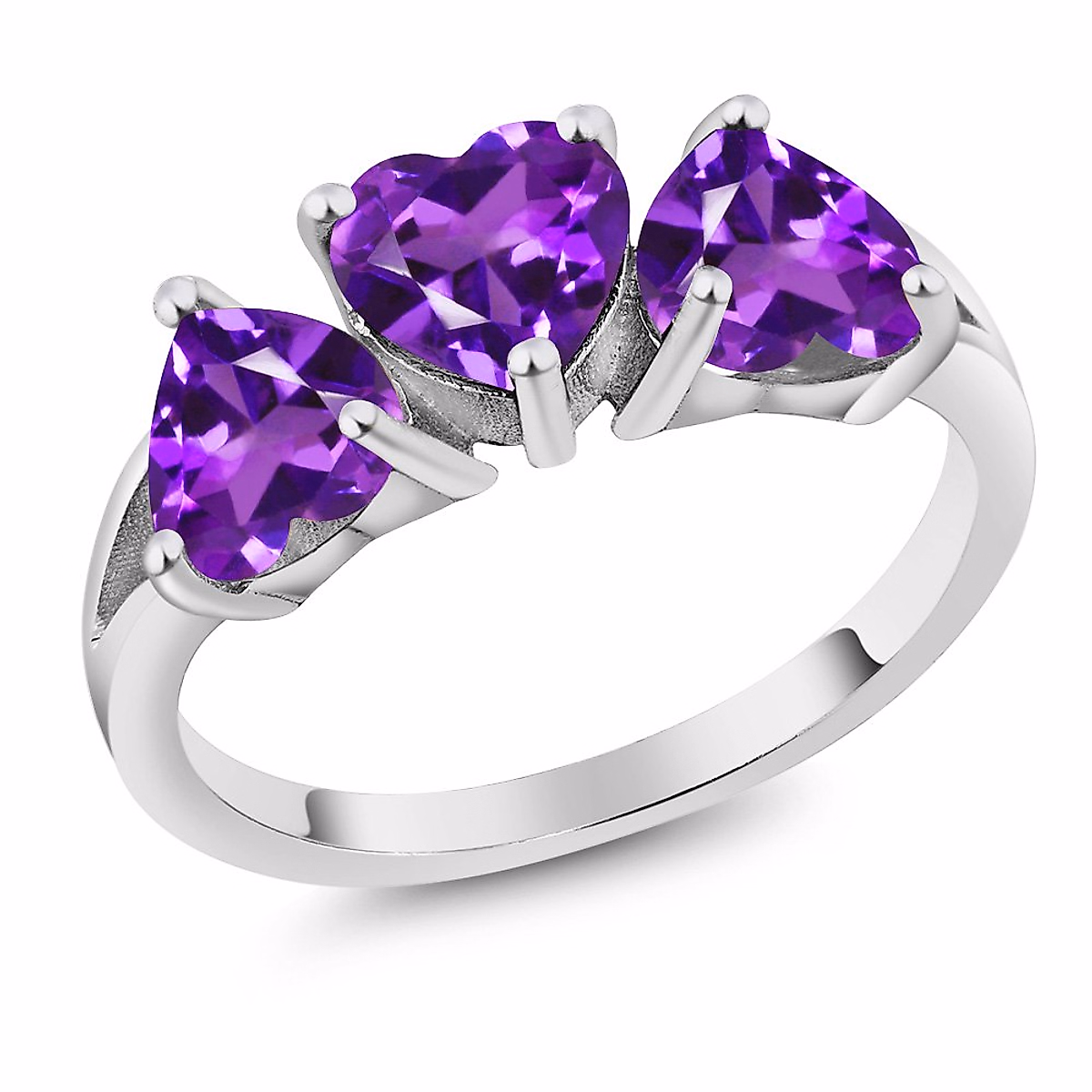 Gem Stone King 925 Sterling Silver Purple Amethyst 3-Stone Engagement Ring For Women (1.95 Cttw, Gemstone Birthstone, Heart Shape 6MM, Available 5,6,7,8,9) (Size 7)