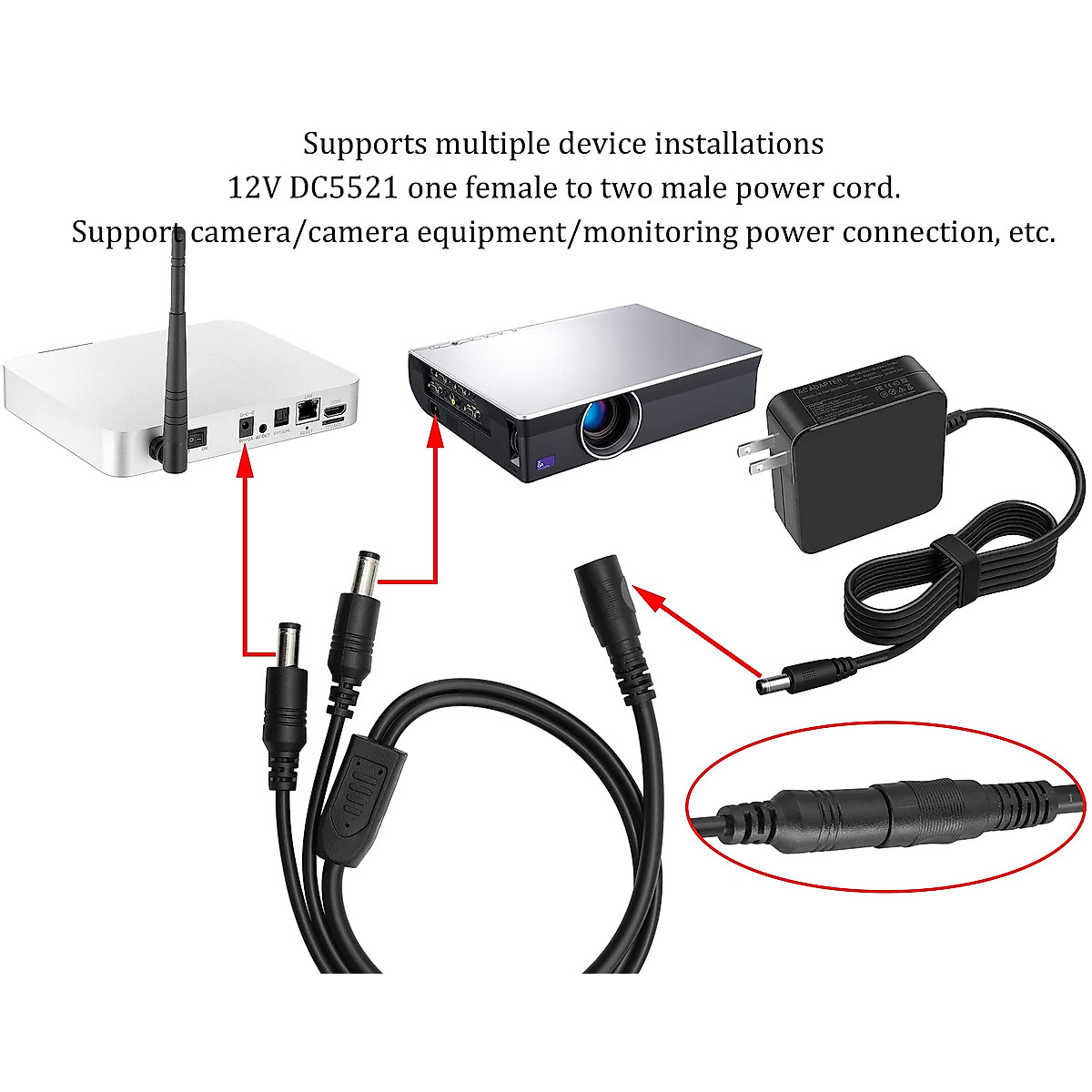 HCFeng DC Power Y Splitter Cable,DC 5.5mm x 2.1mm 1 Female to 2 Male Power Cord 18AWG 12v DC Extension Cord Cable for CCTV Security Camera, DVR, HDVD, LED Strip Light(2pack/1.6ft)