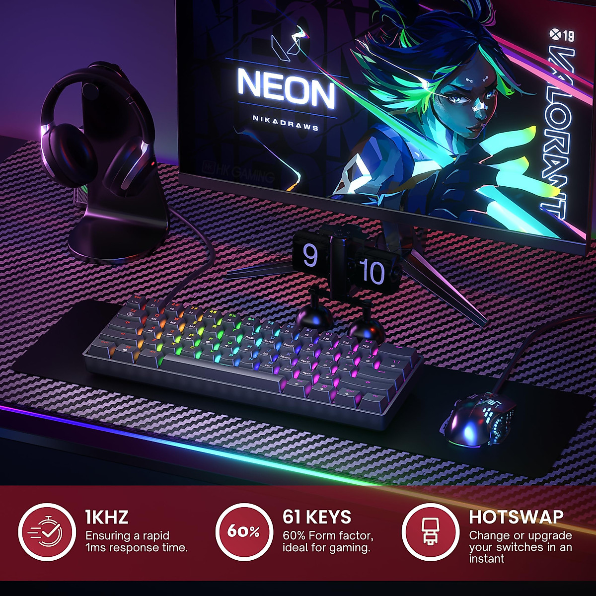 GK61 Mechanical Gaming Keyboard - 61 Keys Multi Color RGB Illuminated LED Backlit Wired Programmable for PC/Mac Gamer (Gateron Optical Yellow, Black)