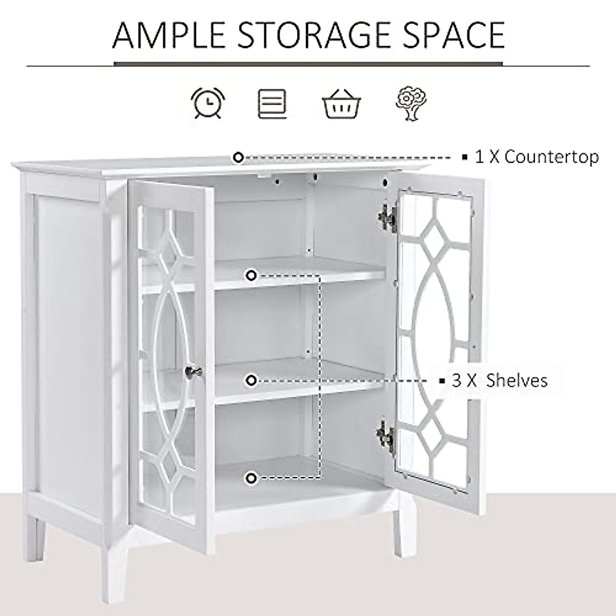 HOMCOM Sideboard Buffet Cabinet, Kitchen Storage Cabinet, Double Glass Door Accent Cabinet with Adjustable Shelves for Entryway, Living Room, White