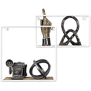 Wall Mounted Rustic Decor Iron and Wood Intersecting Cube Floating Shelves Wood Shadow Boxes Set of 2 (White)