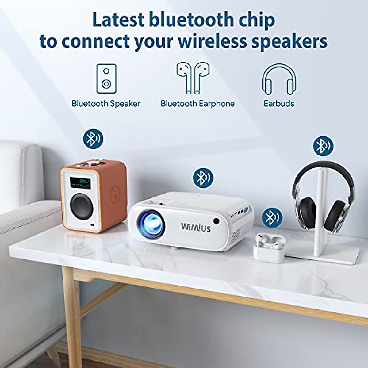 WiFi Projector Bluetooth, W2 Mini Projector Support 1080P Full HD and 250'' Display, Portable Projector with 50% Zoom Function, Home Cinema Projector Compatible with iOS, Android, TV Stick, PS4