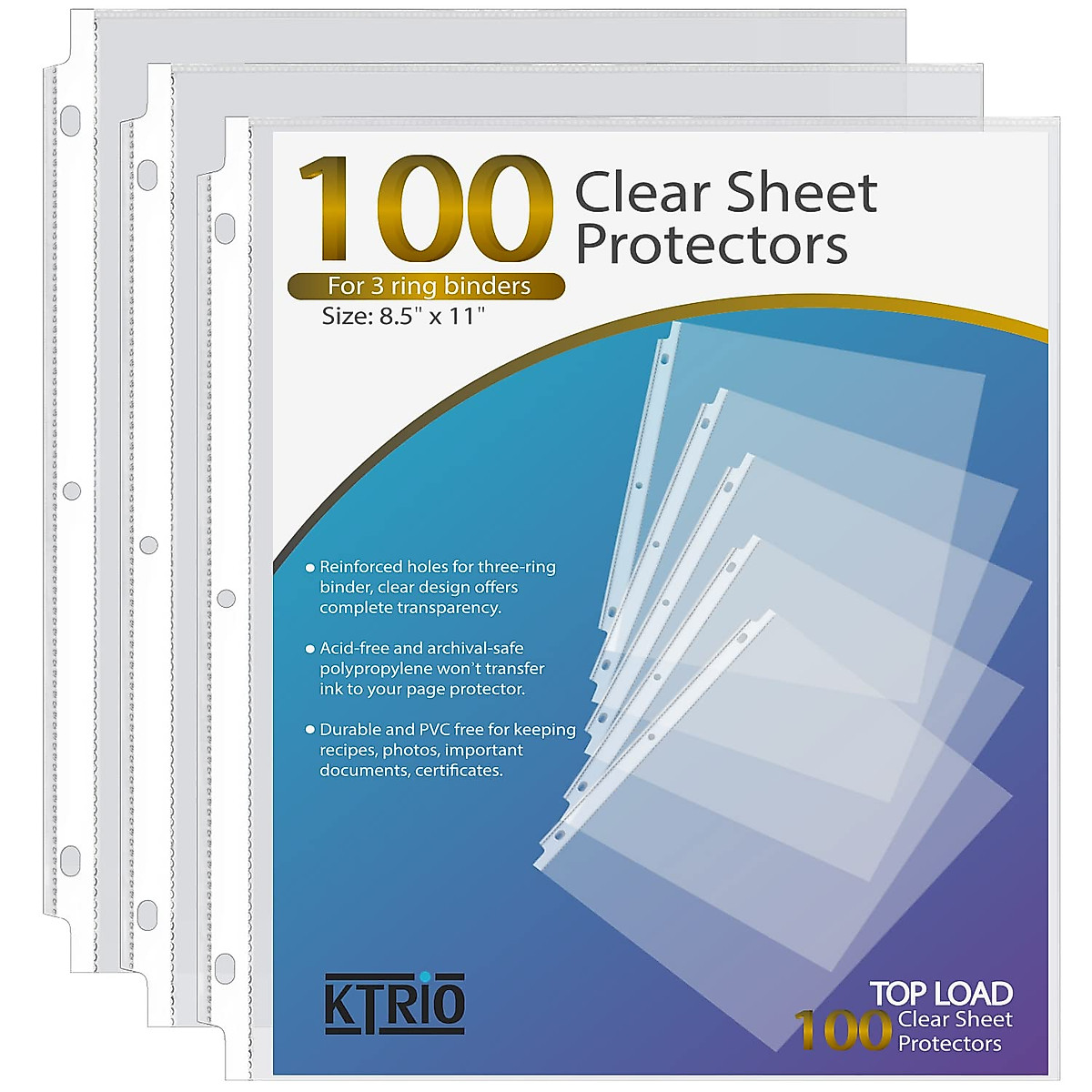 KTRIO Sheet Protectors 8.5 x 11 inch, Clear Page Protector for 3 Ring Binder, Plastic Sleeves for Binders, Top Loading Paper Sheets Document Sleeve Letter Size, Office & Home, 100 Pack