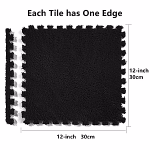 12 Pcs Shaggy Interlocking Foam Carpet Tiles - 12" x 12", 12 Sq,Ft Kids Carpet Squares Protective Floor Mats Crawling Exercise Area Rugs for Children Room, Home or Classroom Use, Black