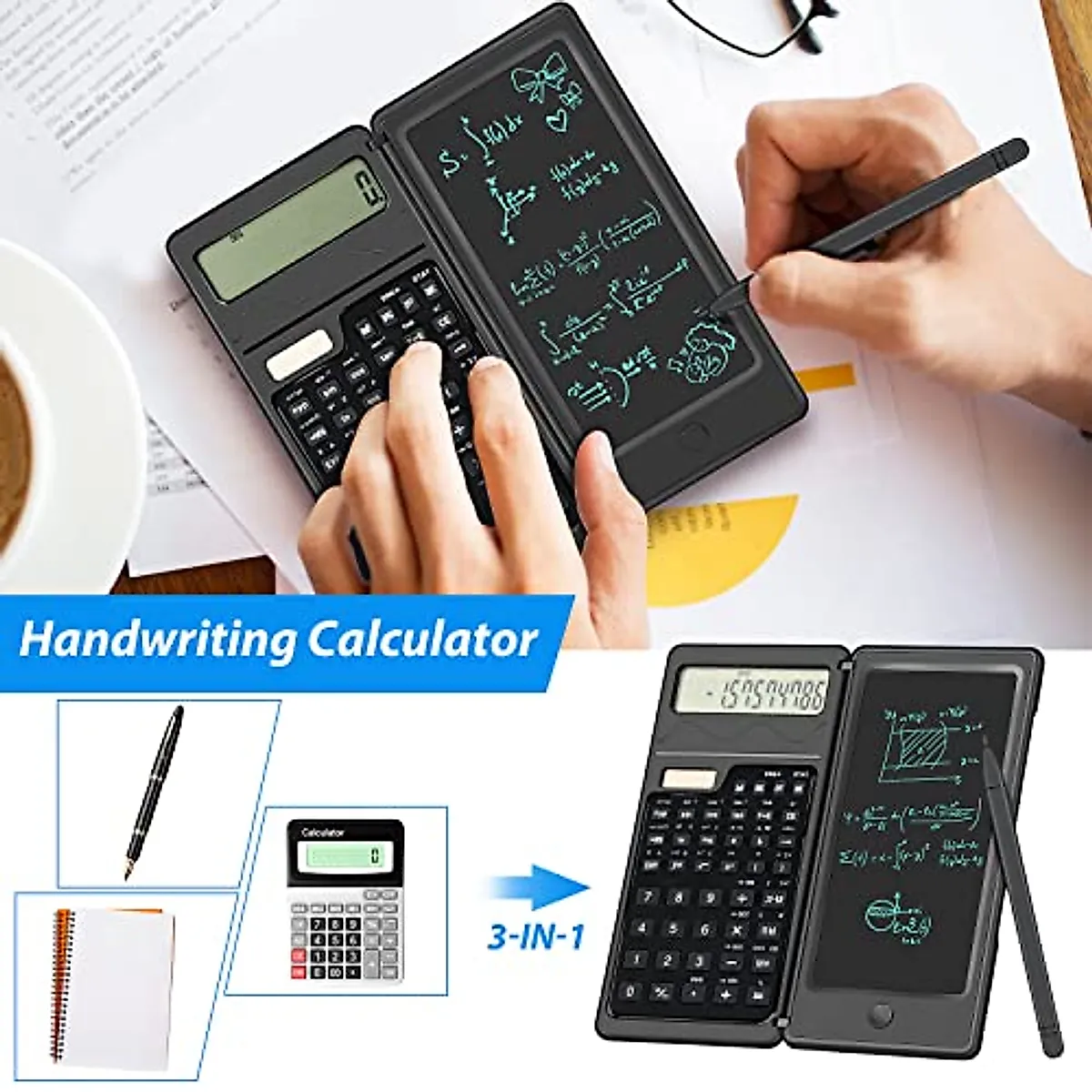 Scientific Calculators with Erasable Writing Tablet, HUIJUTCHEN Foldable 10 Digit Desk Calculator, Solar and Battery Powered, Back to School Supplies for Middle School, High School & College Students