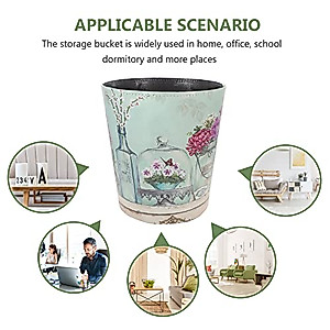 Zerodeko Small Trash Can, 10L/2.64 Gallon PU Leather Wastebasket Retro Decorative Waste Bin with Flower Patterned, Garbage Container for Bathroom, Bedroom, Kitchen, Home, Office