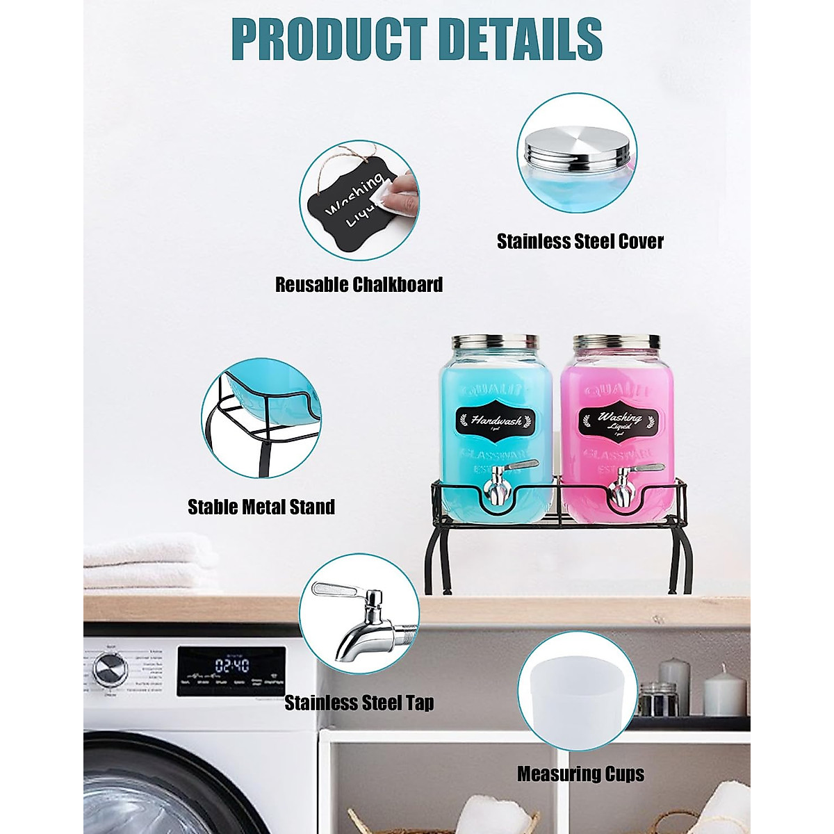 Liquid Laundry Detergent Dispenser, Ann Bully[2 Pack] 1-Gallon Glass Drink Beverage Dispenser with Stand & Lid & Stainless Steel Spigot, Mason Jar Drink Dispensers for Parties, Picnics, BBQ, Weddings