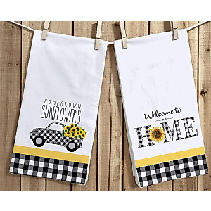 Buffalo Plaid Sunflowers Kitchen Dish Towel 18 x 28 Inch Set of 2, Seasonal Spring Summer Sunflower Trucks Tea Towels Dish Cloth for Cooking Baking