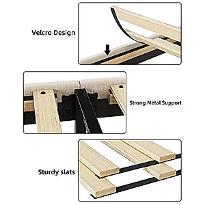 Homhougo Queen Bed Frame, Upholstered Platform Bed with Wingback Headboard, Velvet Upholstered Bed Frame with 2 Storage Pockets, Strong Wooden Slat Support, Easy Assembly, Box Spring Optional, Beige