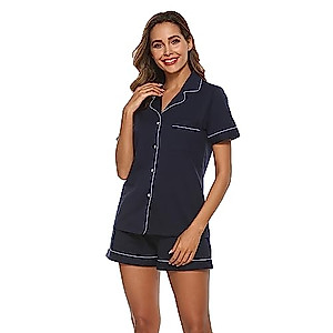 EA'S SECRET Womens Pajamas Set 100% Cotton Soft Short Sleeve Sleepwear Button Down Nightwear Summer Pj Sets S-XXL(Navy Blue,M)