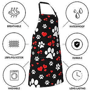JEKGLEY Dog Paw and Love Chef Apron with 2 Pockets, Adjustable Neck Kitchen Cooking Bbq Bib Aprons for Women Men