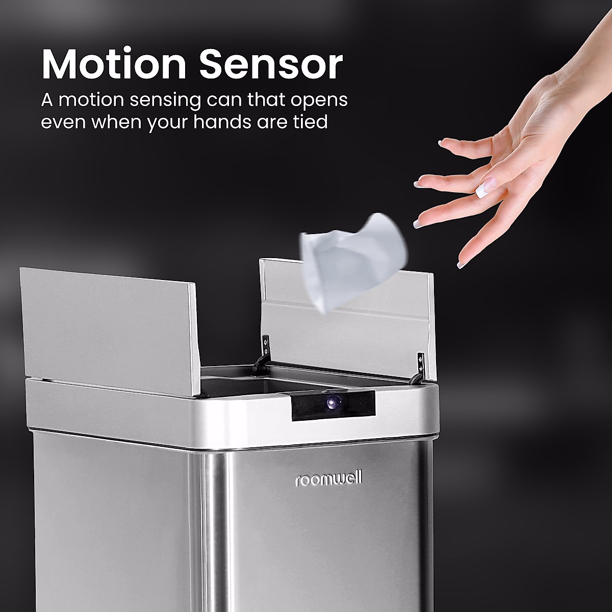 roomwell Automatic Trash Can Kitchen 13+ Gallon - Stainless Steel Garbage Can Touchless with Motion Sensor Lid and Infrared Light with AC Power Adapter (Limitted Edition 2.5 Gallon)